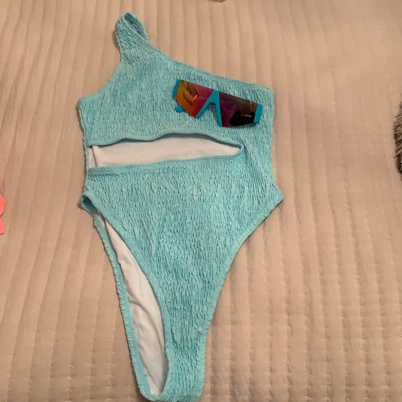 Swim | One Piece Side Cut Out Blue Crinkle Bathing Suit With Blue ...